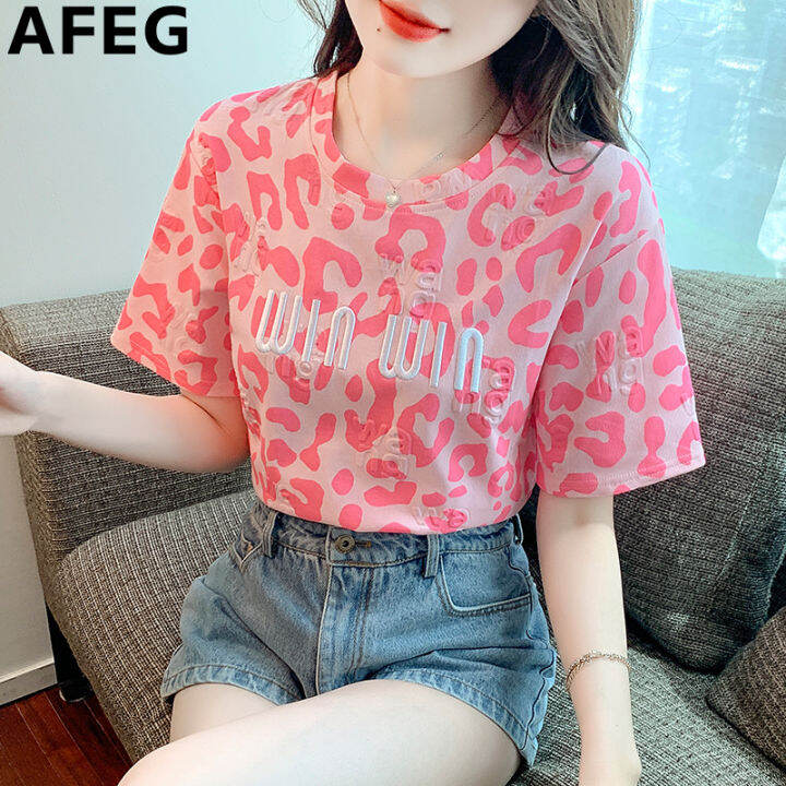 AFEG เสื้อยืดแขนสั้นสำหรับผู้หญิง,เสื้อยืดหลวมแฟชั่นคอกลมพิมพ์ลายเสือ ...