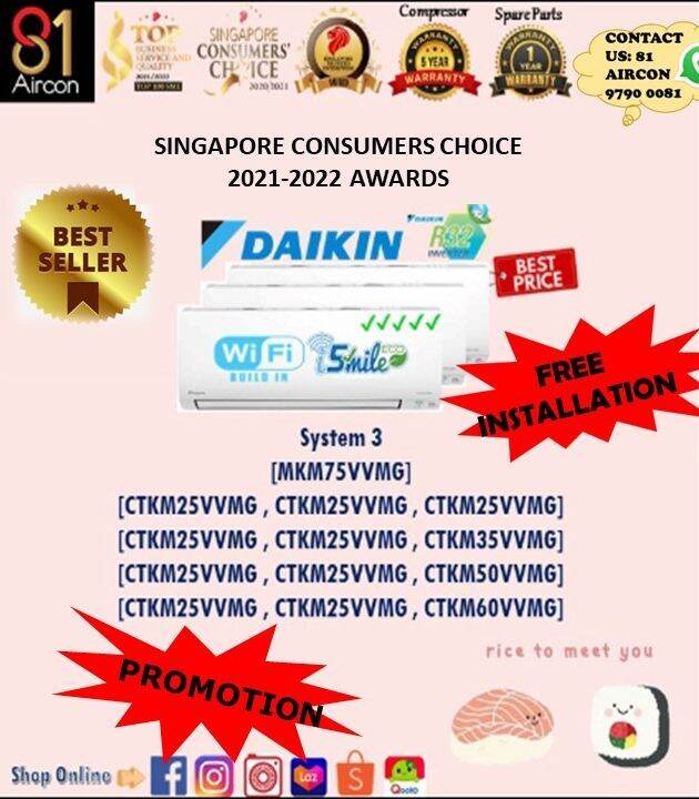 [81Aircon] DAIKIN MULTI SPILT ISMILE ECO SERIES Aircon SYSTEM-3 (5 Ticks)【R32】(WIFI) | Lazada ...