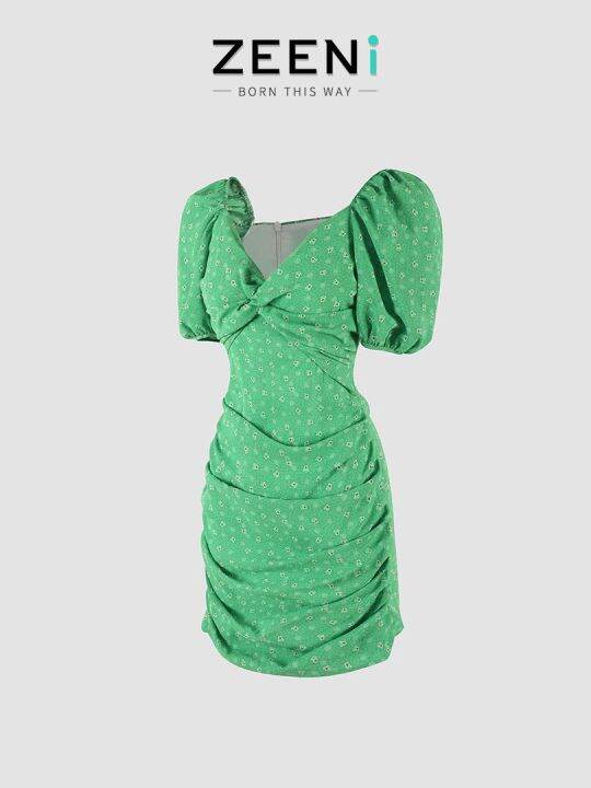 ZEENI ชุดเดรสผ้าชีฟองลายดอกไม้คอวีลายกระโปรงสั้นแนบสะโพกจีบเซ็กซี่ ...