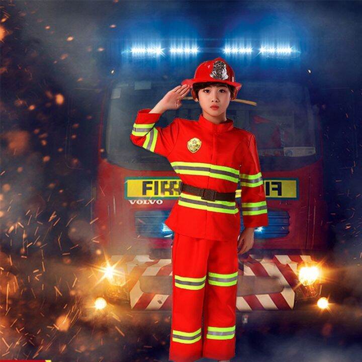 Costume Kids Cosplay Fireman Firefighter Rescue Service Halloween ...