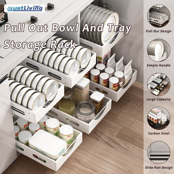JustLiving ตู้ครัวชั้นวางจานครัวขนาดใหญ่แบบดึงออกได้,กล่องจัดเก็บมัลติ ...