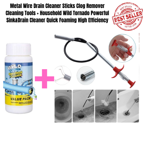 Metal Wire Drain Sticks Clog Remover Tools + Wild Tornado Powerful Sink ...