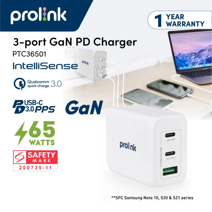 PROLiNK PTC36501 65W 3-port GaN PPS PD Charger with Intellisense/for ...