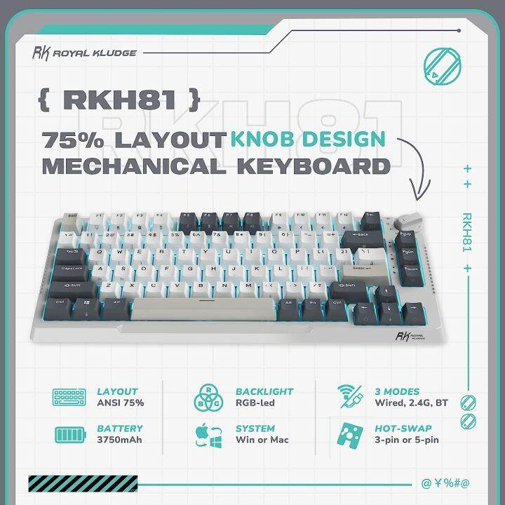 Rk Royal Kludge H81 Wireless Mechanical Keyboard 75% Knob Triple Mode ...