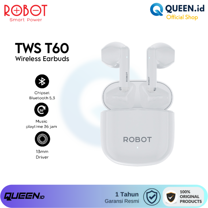 ROBOT T60 TWS True Wireless Earbuds Headset Bluetooth 5.3 Earphone | Lazada Indonesia