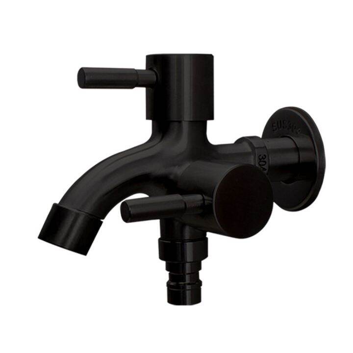 304 Stainless Steel 2 Way Faucet Black Valvet Bibcock Faucet 1 in 2 out ...