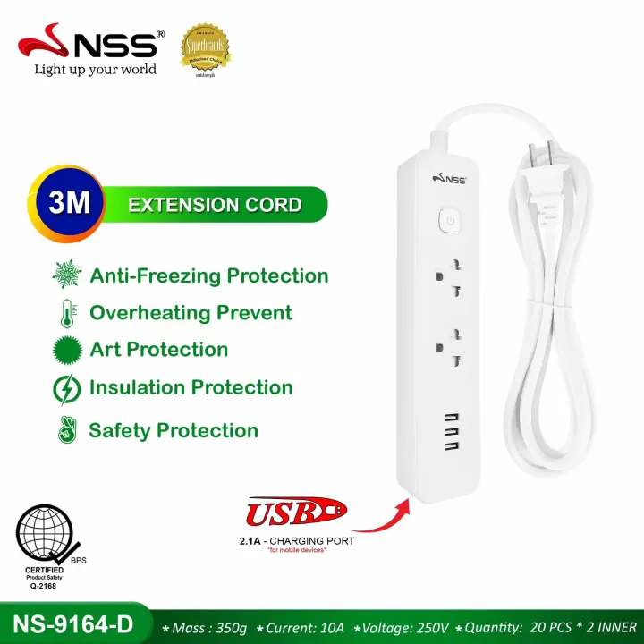 3M Extension Cord Set with Individual Switch 2 Gang With 3 Socket USB ...