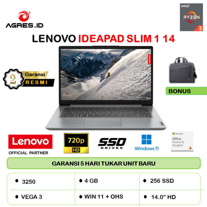 LAPTOP LENOVO IDEAPAD SLIM 1 14 RYZEN 3 3250 4GB 256SSD VEGA3 W11+OHS 14.0 2YR GRY -31ID ...