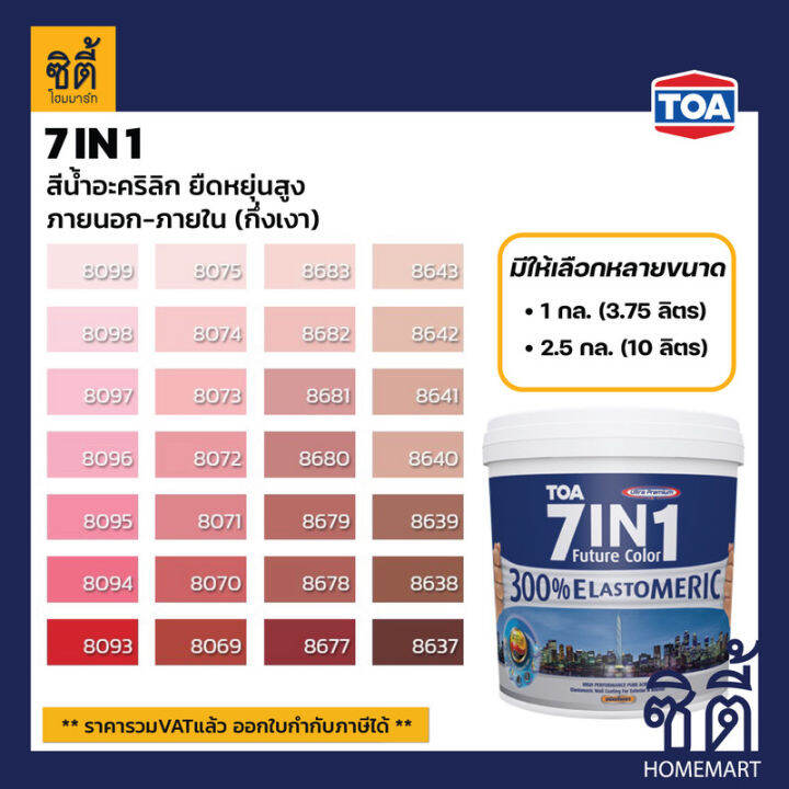 TOA Paint 7in1 กึ่งเงา ( 1กล. , 2.5กล. )( เฉดสี แดง ) สีผสม ทีโอเอ สีน้ำ สีทาอาคาร สีทาปูน สีทา ...