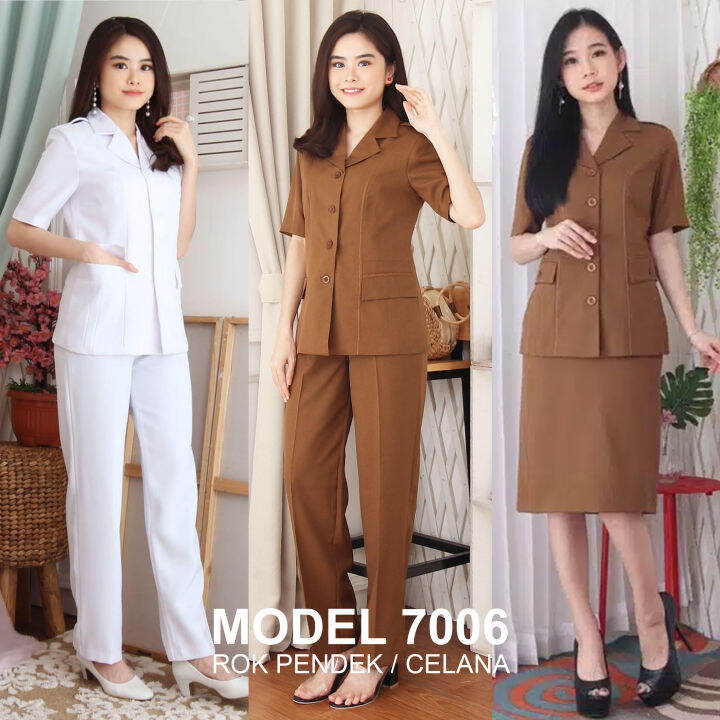 Jas Blazer Wanita Coklat Tua (PA) dan Putih Lengan Pendek Set Celana ...