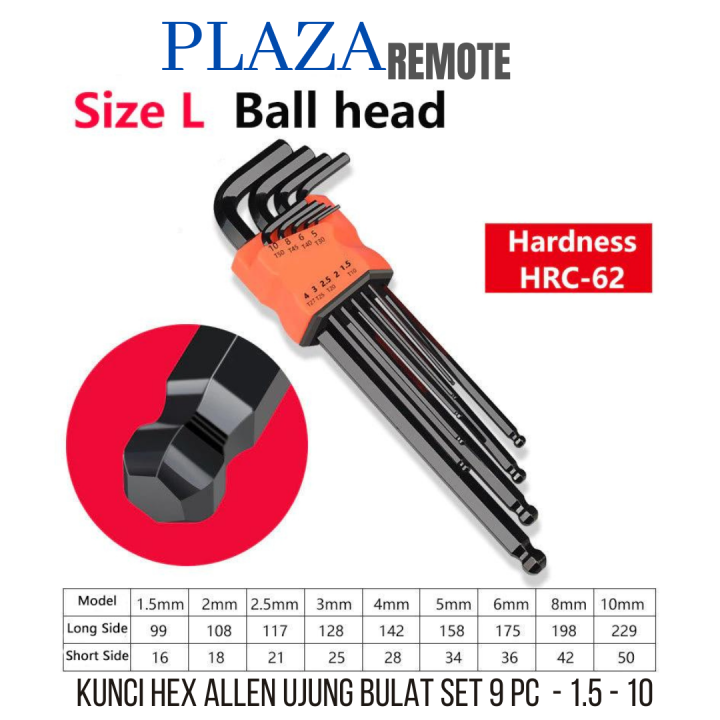 KUNCI L HEX SOCKET BALLPOINT PEN END HEX T10 - T50 SET 9 PC UJUNG BULAT ...