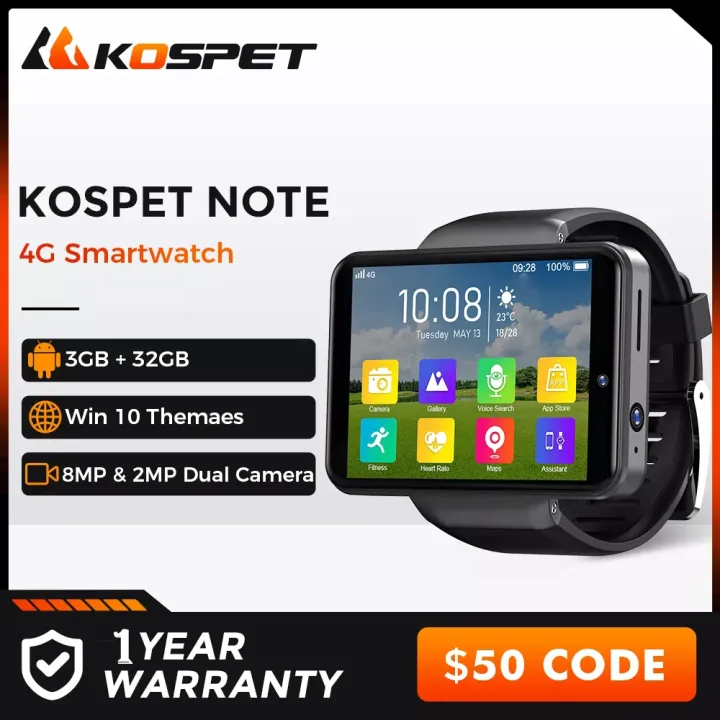 KOSPET NOTE 4G Smartwatch โทรศัพท์พร้อมซิมการ์ดหน้าจอสัมผัสแบบเต็มรูป ...