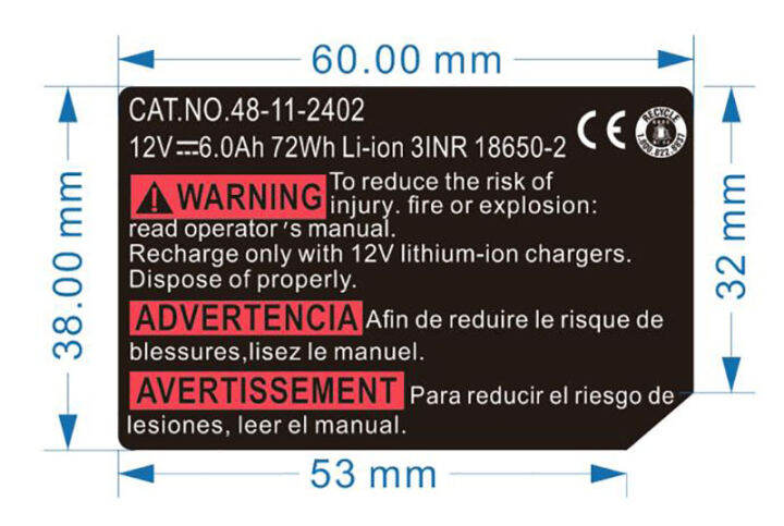 battery label 6Ah M12 6 cell capacity sticker suitable for Milwaukee ...