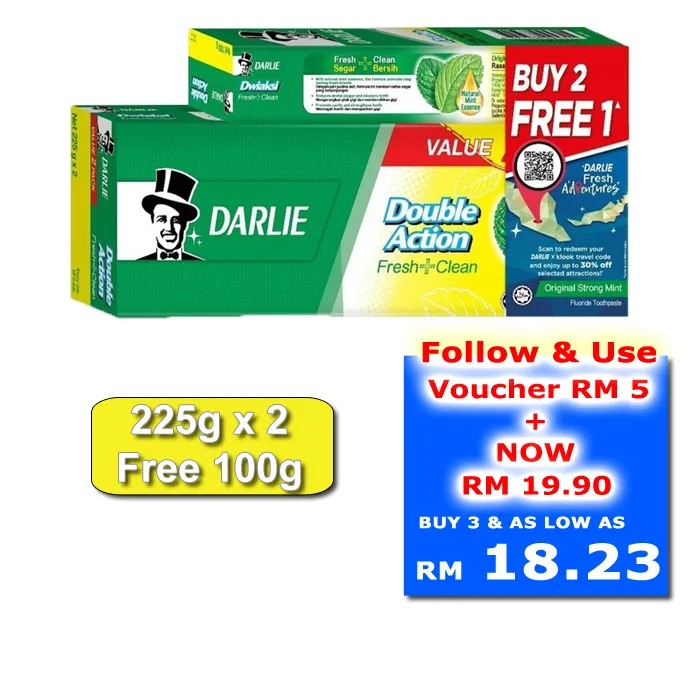Darlie Double Action Toothpaste 225g x2 (Free 75g / 2x40g / 100g) | Lazada