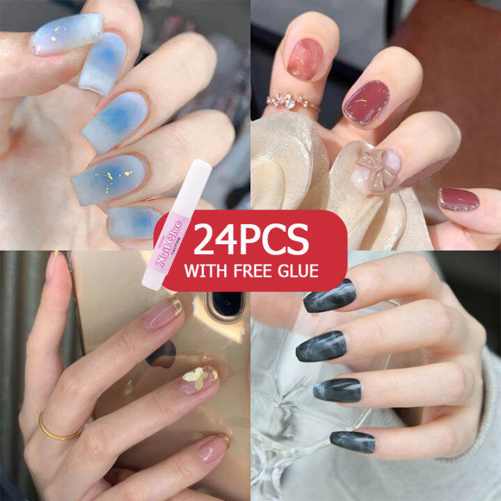 【Ready stock】24Pcs Fashion Fake Nails Finished Nail Patch Wearable ...