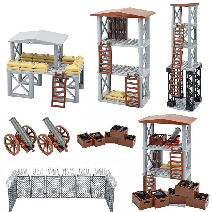 MOC Military Sentry Tower Cannon Fence Barbed Wire Building Set WW2 ...