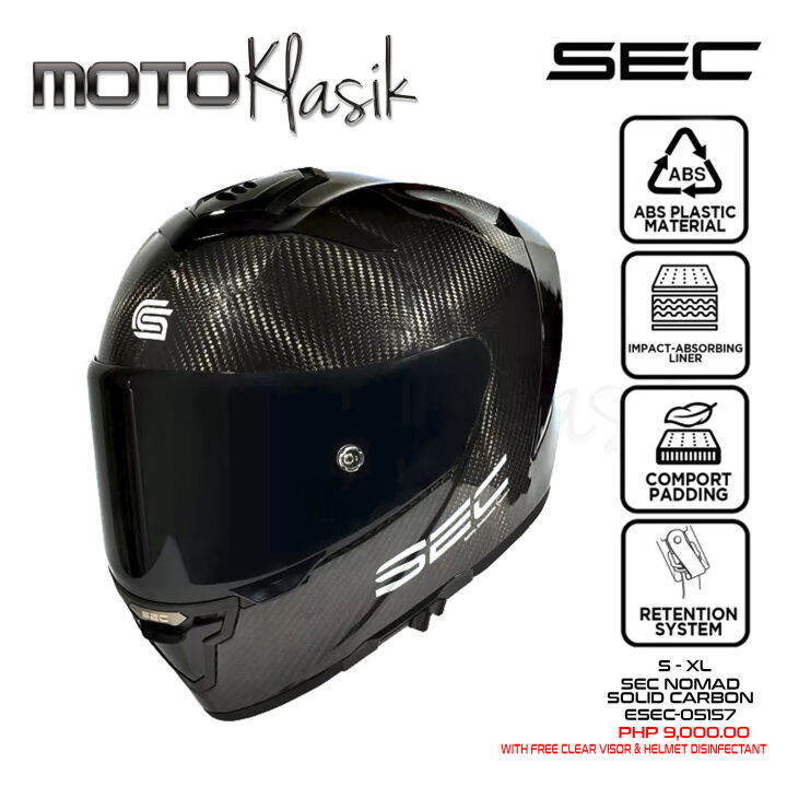 SEC NOMAD FULL FACE HELMET ESEC-05157 (SOLID CARBON) WITH CLEAR VISOR ...