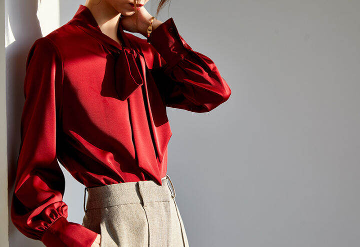 XINER pearl white lace-up long sleeve matte satin bow shirt commuter basic loose chic | Lazada PH