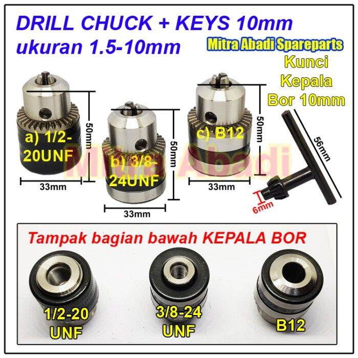 DRILL CHUCK Kepala Bor ukuran 1,5-10mm + Kunci 10mm - M12 X 1 25 ...