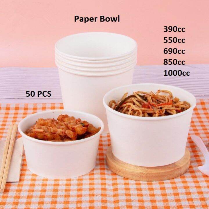 (50 Pcs) Disposable Paper Bowl & Lid Plain White / Food Cup / Food ...