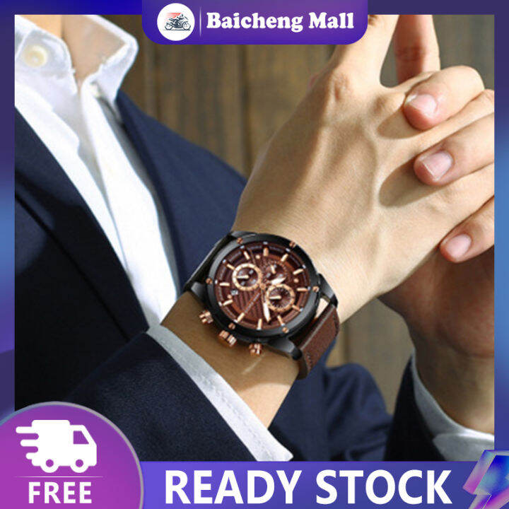 Baicheng【จัดส่งอย่างรวดเร็ว】นาฬิกาควอตซ์ผู้ชาย3หน้าปัดวันย่อยนาฬิกาข้อมือสายหนังแท้กันน้ำส่อง ...