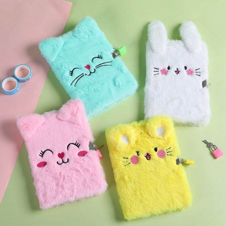 Multi color Cute Cartoon Cat Plush Notebook Kawaii Kitten Furry Student ...