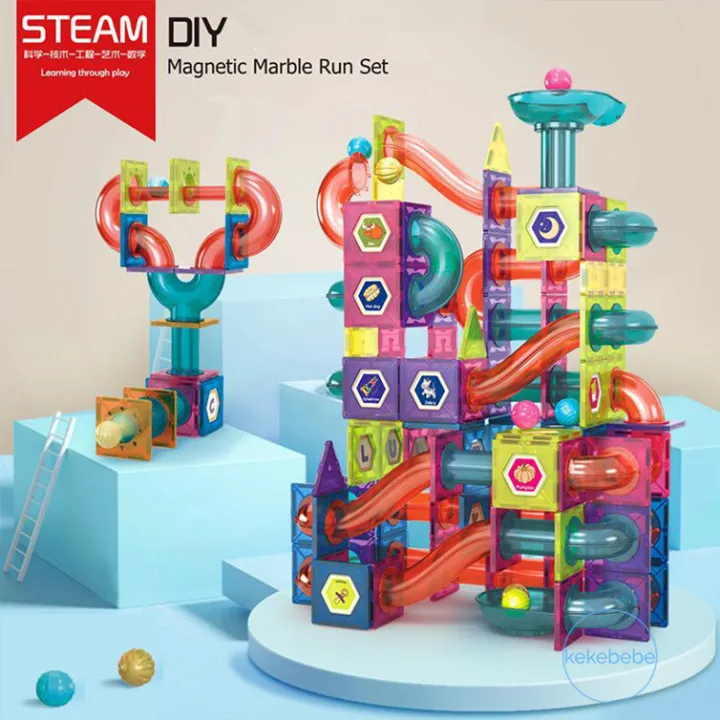 MAGWORLD 274 Pcs DIY Assembly Magnetic Marble Tiles Tunnel Track Maze ...