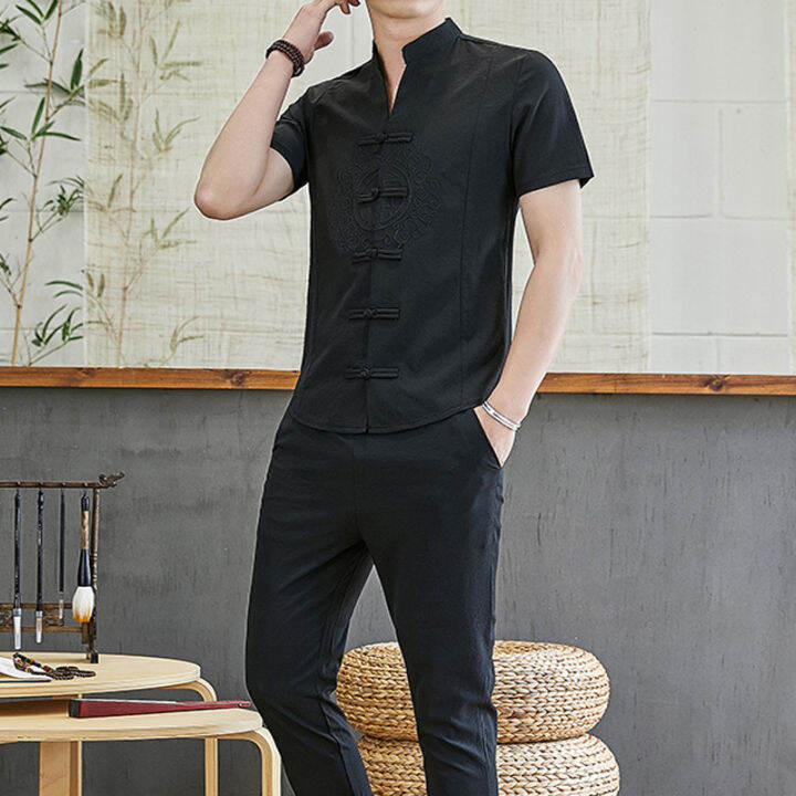 Chinese style Zen suit imitation linen suit men's retro buckle collar ...