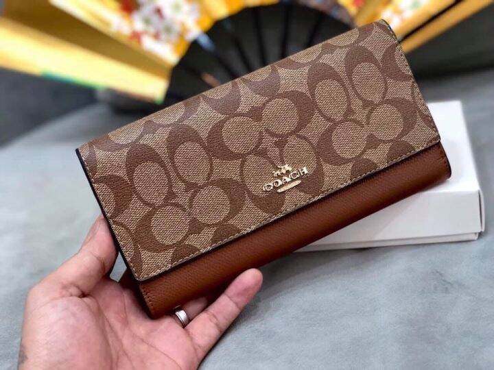 Original Coach F53763 Trifold Women's Long Wallet In Signature - Khaki ...