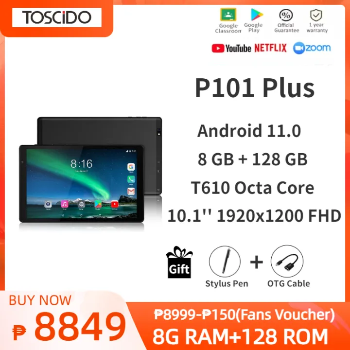 【8GB+128GB】TOSCIDO P101 Plus 10 inch Tablet Android 11.0 8GB RAM 128GB ROM 5G Wi-Fi T610 Octa ...