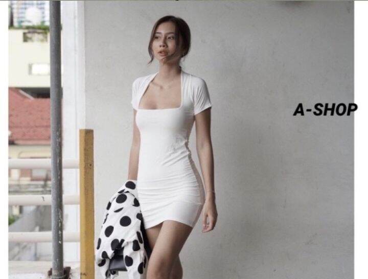 DR06 ชุดเดรสสั้นผู้หญิง มินิเดรสเข้ารูป ผ้าเรย่อน คอเหลี่ยมแขนสั้น เซ็กซี่ ผ้านิ่มเด้ง | Lazada ...