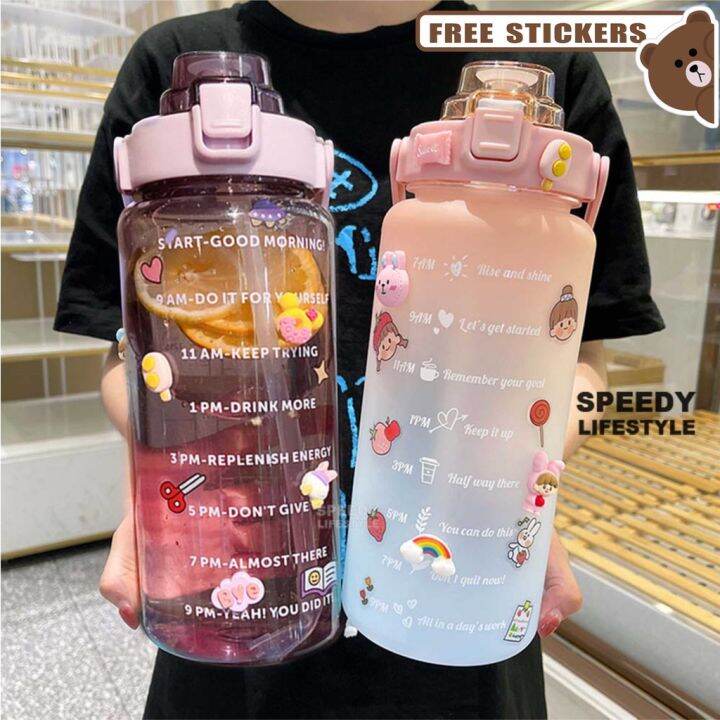 2L/1.3L Frosted Motivational Water Bottle Time Marker & Straw-BPA Free Gift Flip-Flop Lid Stick ...