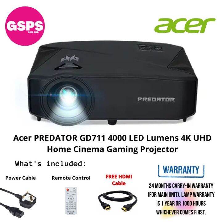 Acer PREDATOR GD711 4000 LED Lumens 4K UHD Home Cinema Gaming Projector ...