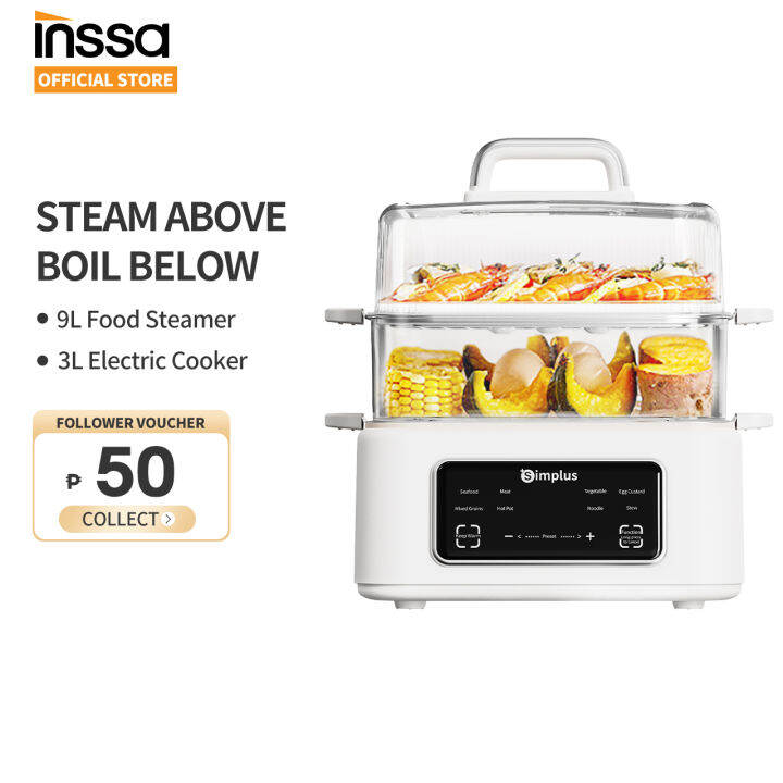 Inssa Electric Food Steamer Smart Timer 9L Food Steamer + 3L Electric ...