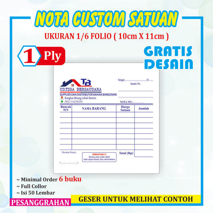 Cetak nota custom 1 ply ukuran kecil 1/6, nota kontan, nota laundry ...