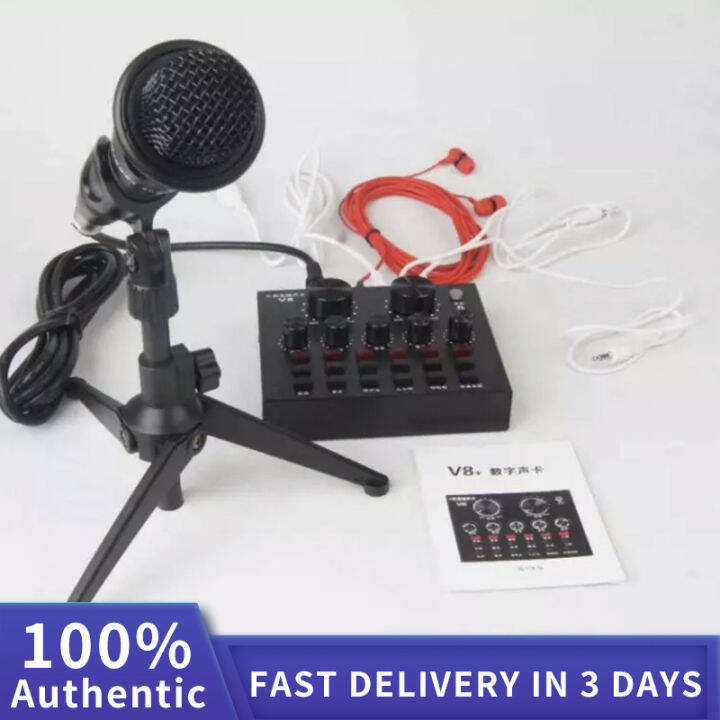 V8 Soundcard Set with Condenser Microphone, Stand, Hard Case and Cables ...