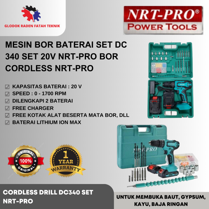 NRT-PRO DC-340 Bor Cordless Set Bor Charge 20V Bor Baterai 20 V ...