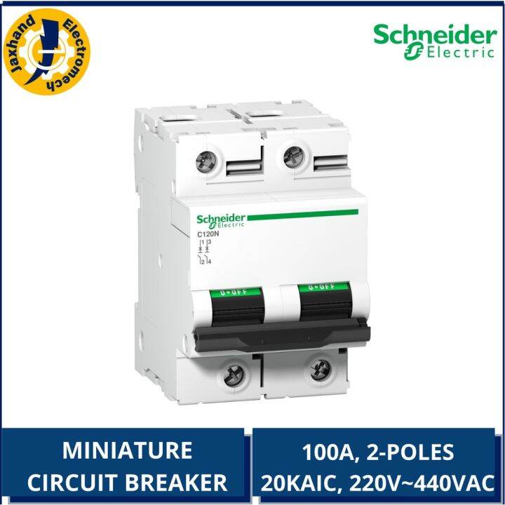Schneider Miniature Circuit Breaker 100A, 2Poles, 20KAIC, 220V~415VAC, C120N, C-CURVE AC/DC ...
