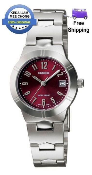 100 Original Casio Ltp 1241d 4a2df Dark Red Dial Date Display Stainless Steel Ladies Watch Lazada