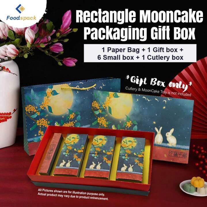 (3 SET) BLUE Rectangle Mooncake Pastry Packaging box / with Cutlery Box ...