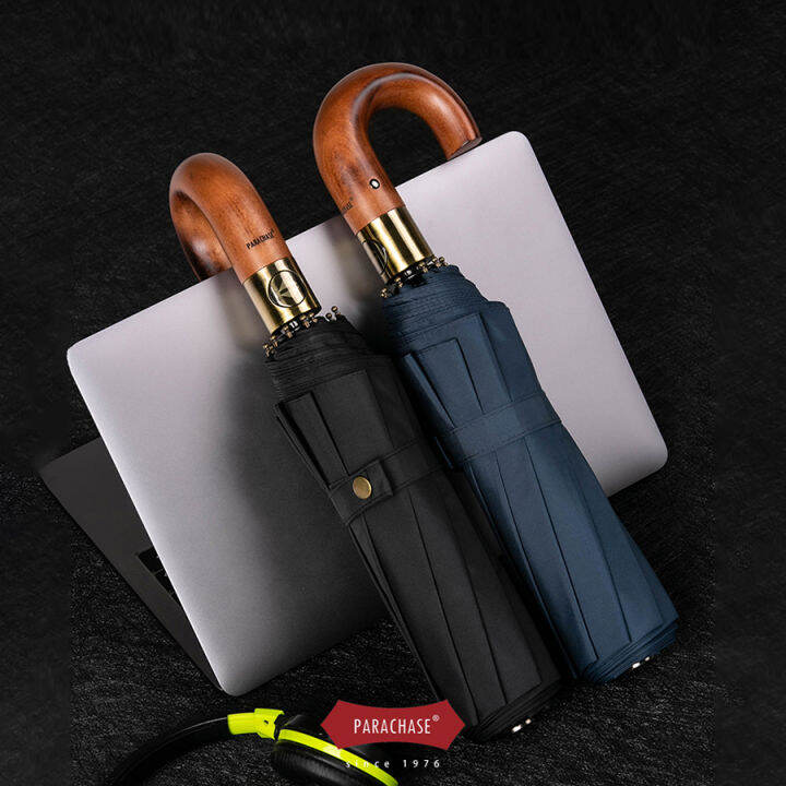 10 Ribs Windproof Rain Umbrella ด้ามไม้ร่มพับอัตโนมัติผู้ชาย 114cm Big ...
