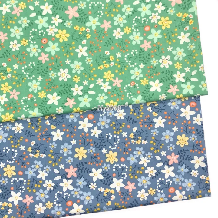 Kain Comb Cotton Corak Bunga Hijau & Biru (Bidang 60 inci) | Lazada