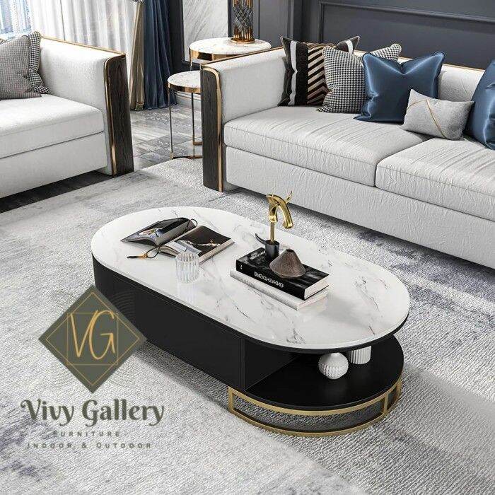 Meja Tamu Oval Dengan Storage Top Marmer - Coffee Table - Marmer HPL ...