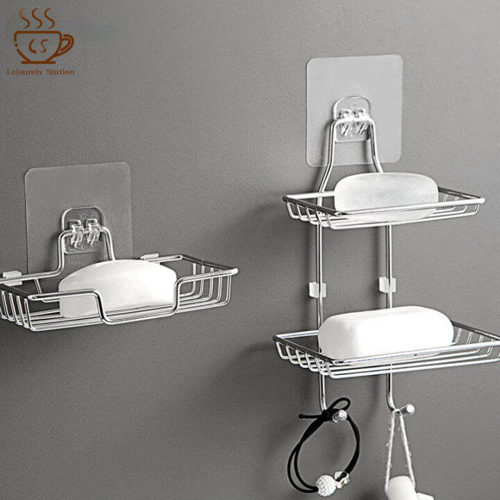 Stainless Steel Shower Wall Hanging Soap Box Rack with Hooks Self ...