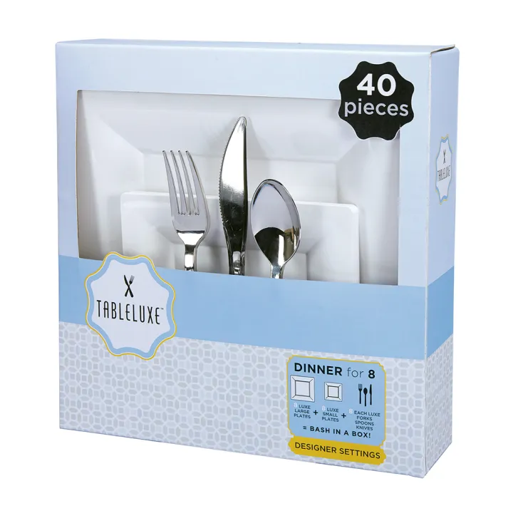 Tableluxe Dinner for 8 - White Square Plates - Silver Cutlery - 10 Sets ...