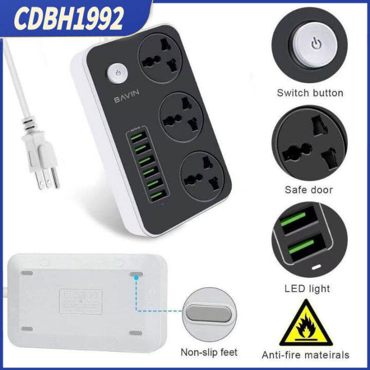 SC3604 BAVIN 2500W Power Strip Plug 3 Universal Power Socket & 6 Auto ...