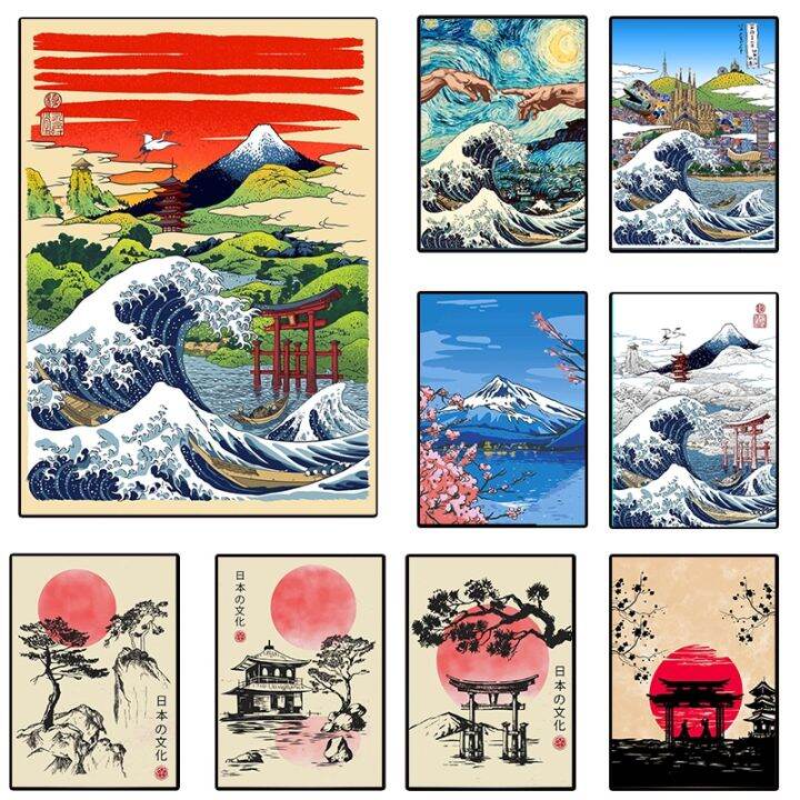 80S Japanese Wall Art Decor Anime Black Cat Sea Wave Cherry Blossom ...