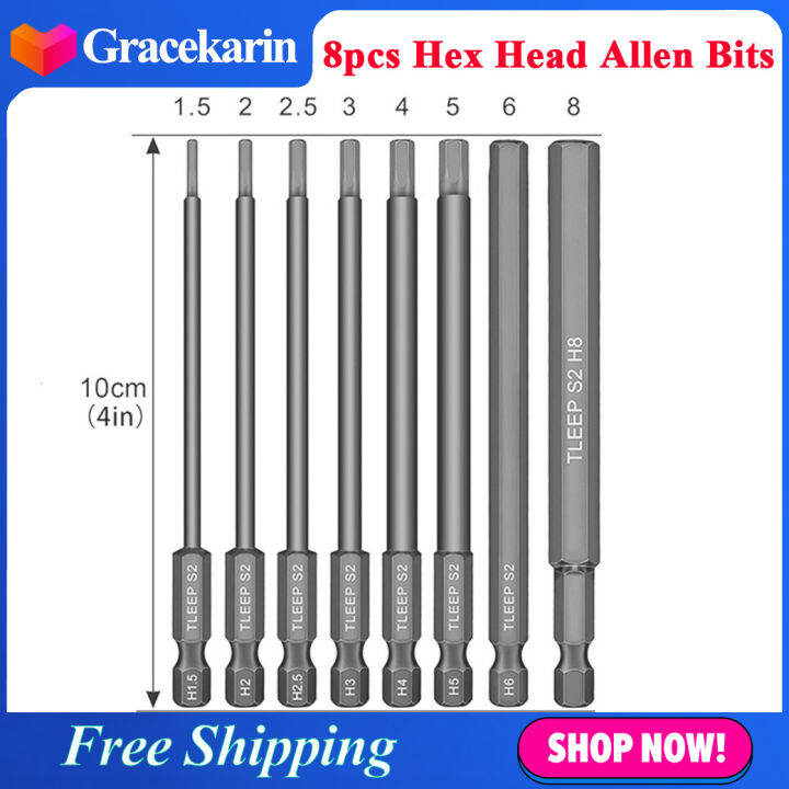 Gracekarin 8Ppcs Drill Bit Set Hex Head Allen Wrench Screwdriver Socket 1/4"Shank Metric 100mm ...