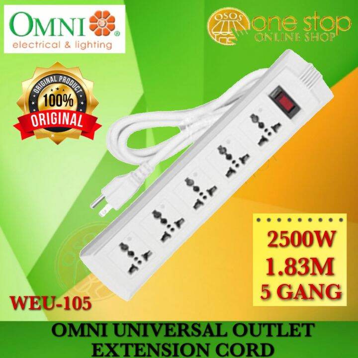 Omni Universal Outlet Extension Cord Power Cable 5 Gang w/ Switch 1.83 ...