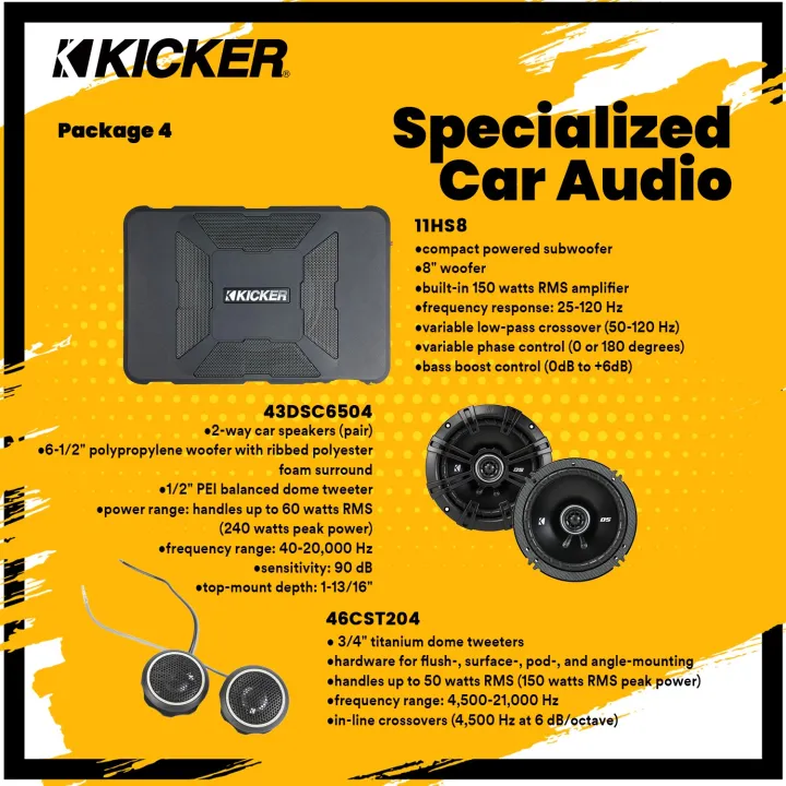KICKER PACKAGE 4- KICKER UNDERSEAT SUB AND FRONT & REAR SPEAKER ( 43DSC6504 & TWEETER 46CST204 ...